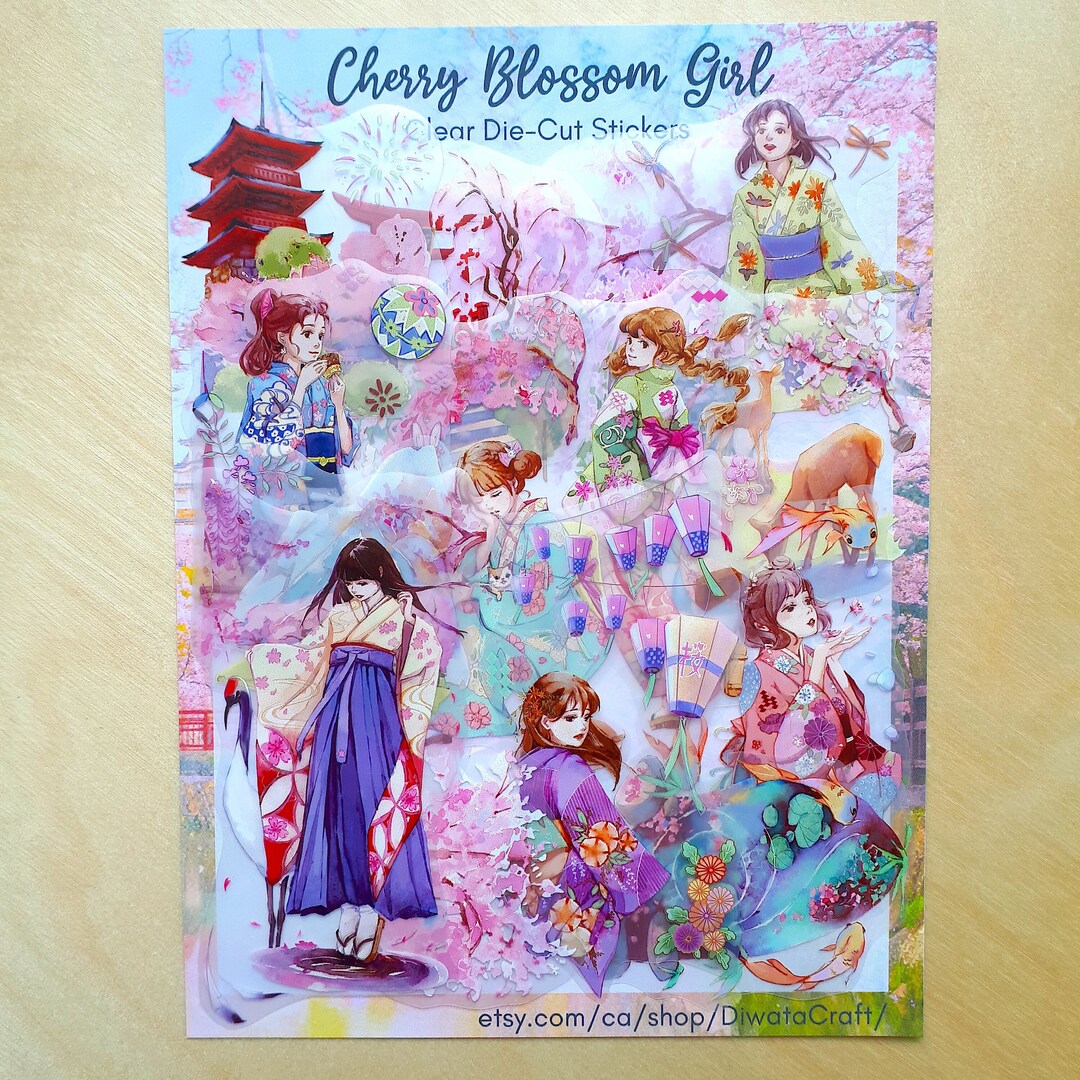 Cherry Blossom Girl Diecut Stickers - Kawaii Anime Manga Style Spring ...