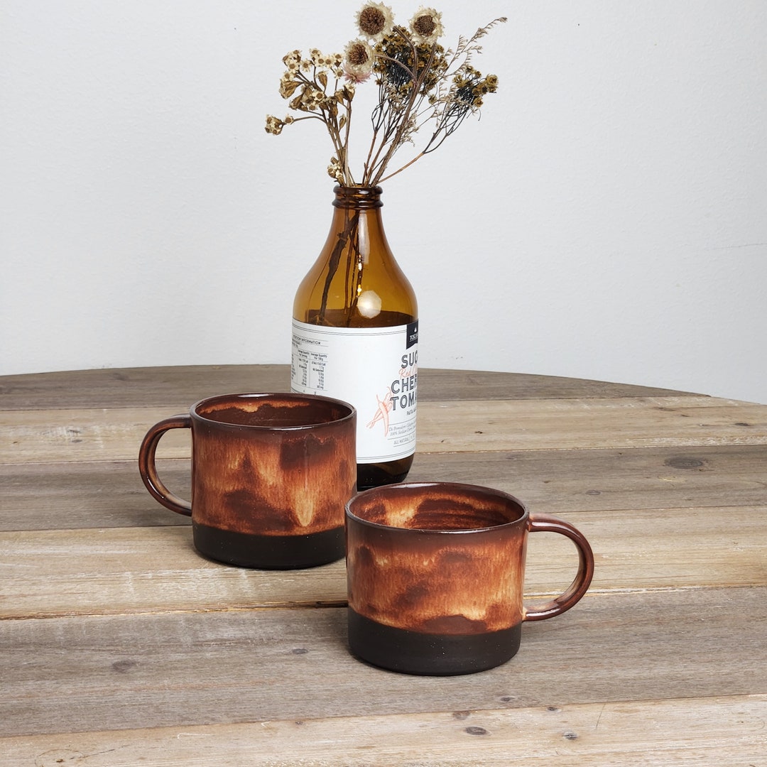 Set of 2 Matte Black With Glossy Caramel Brown Handmade Stoneware ...