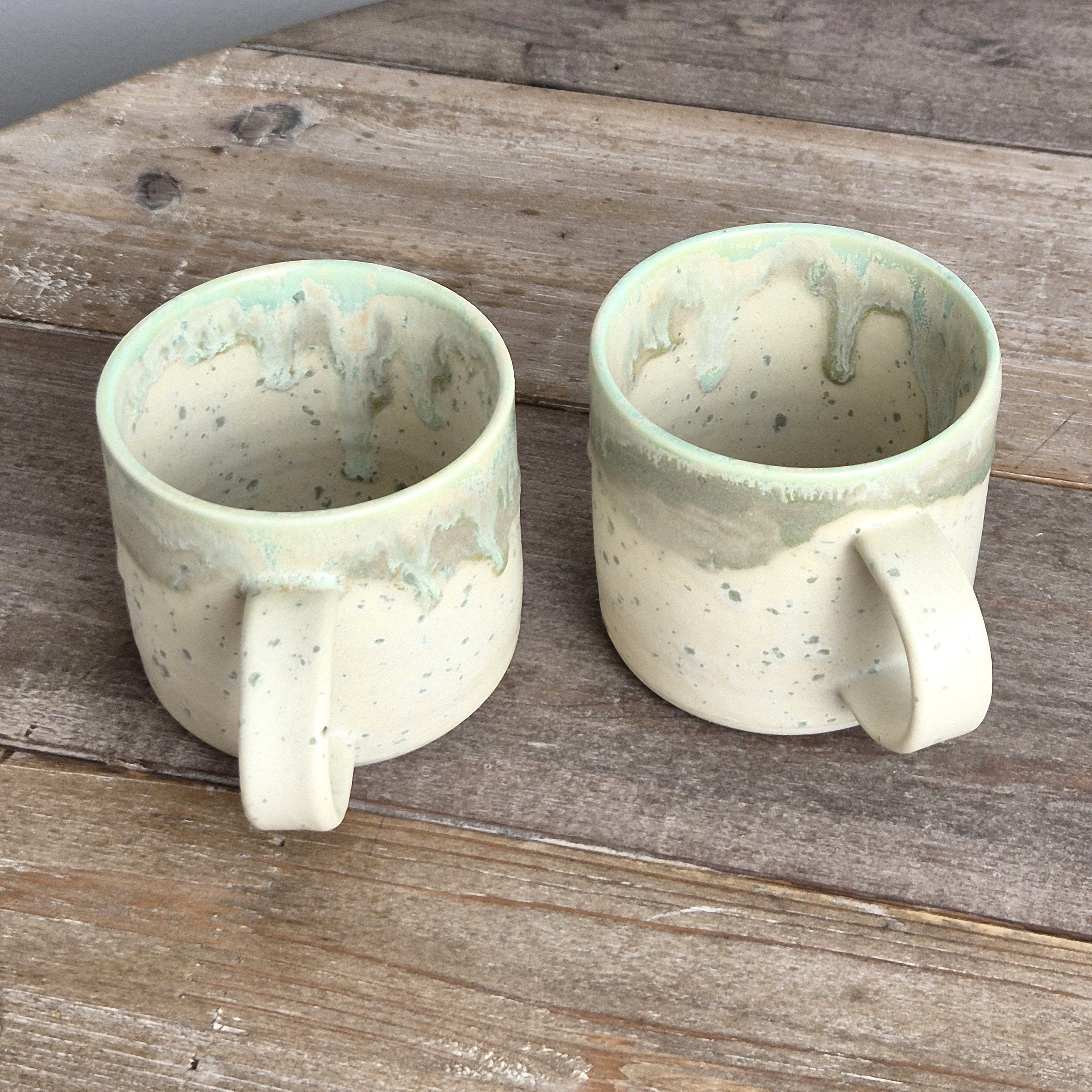 Set of 2 Speckled Sea Salt Green Crystal on White Stoneware Ceramic ...