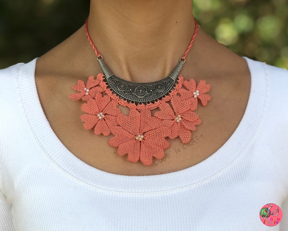 Pink Flower Boho Beaded Oya Crochet Bib Necklace Jewelry | Etsy