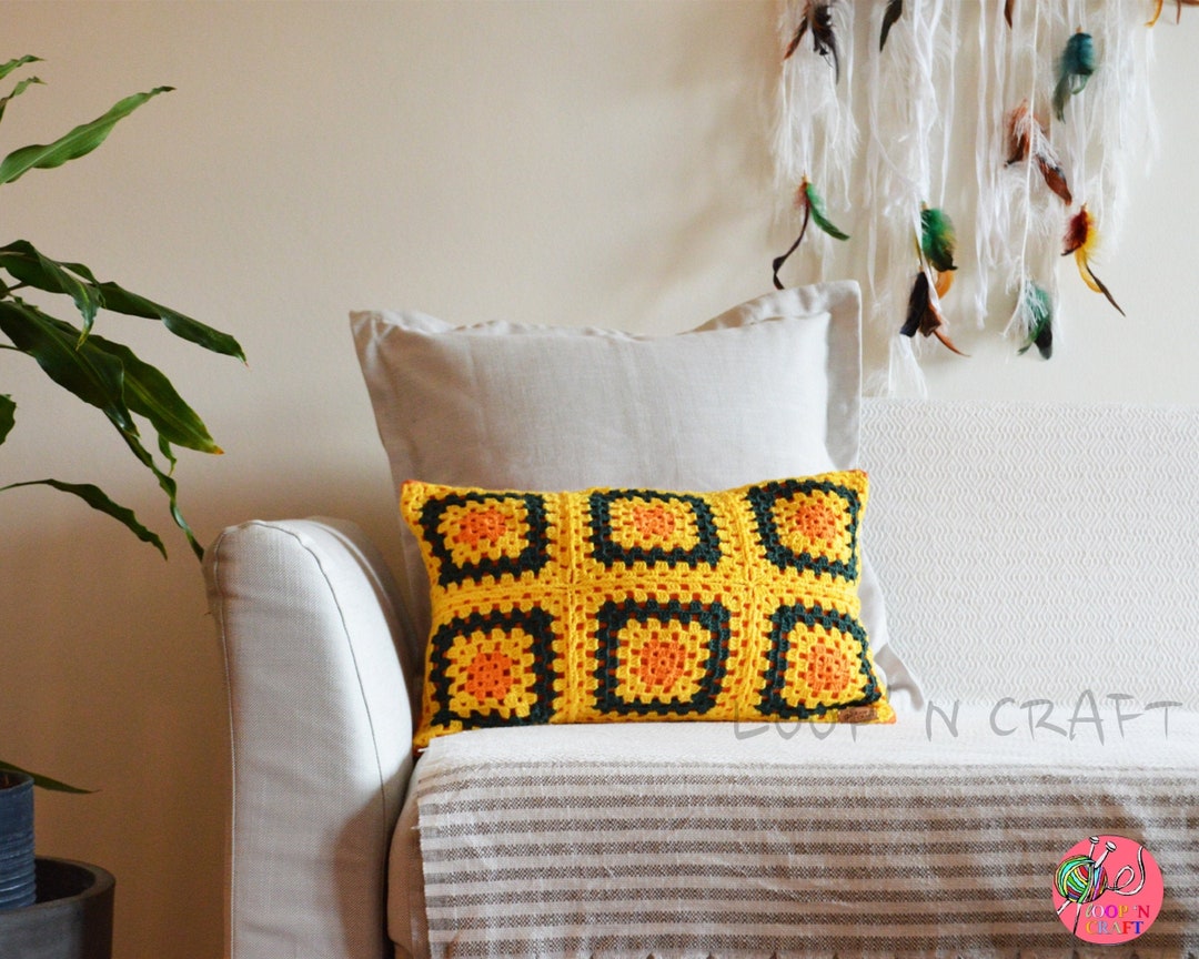 Yellow Rectangular Granny Square Crochet Retro Pillow Cushion Cover ...