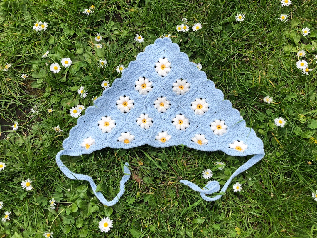 Daisy Crochet Bandana: Blue Cotton Hair Kerchief - Etsy
