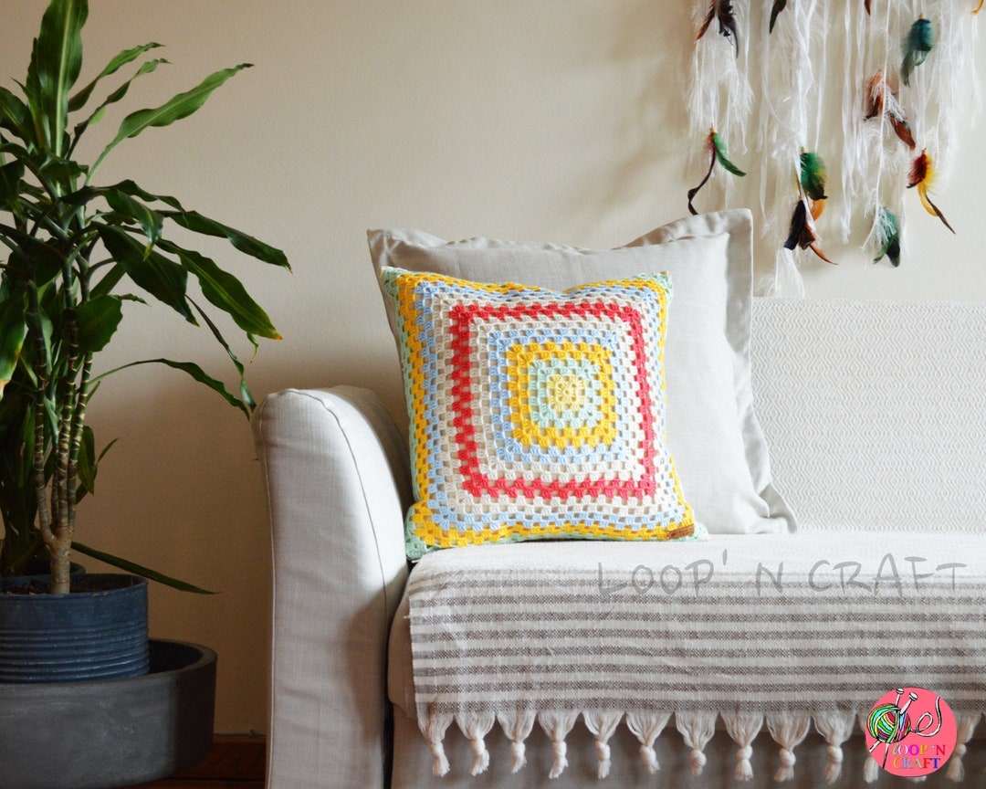 Colorful Granny Square Home Decor Crochet Pillow Cushion Cover Retro ...