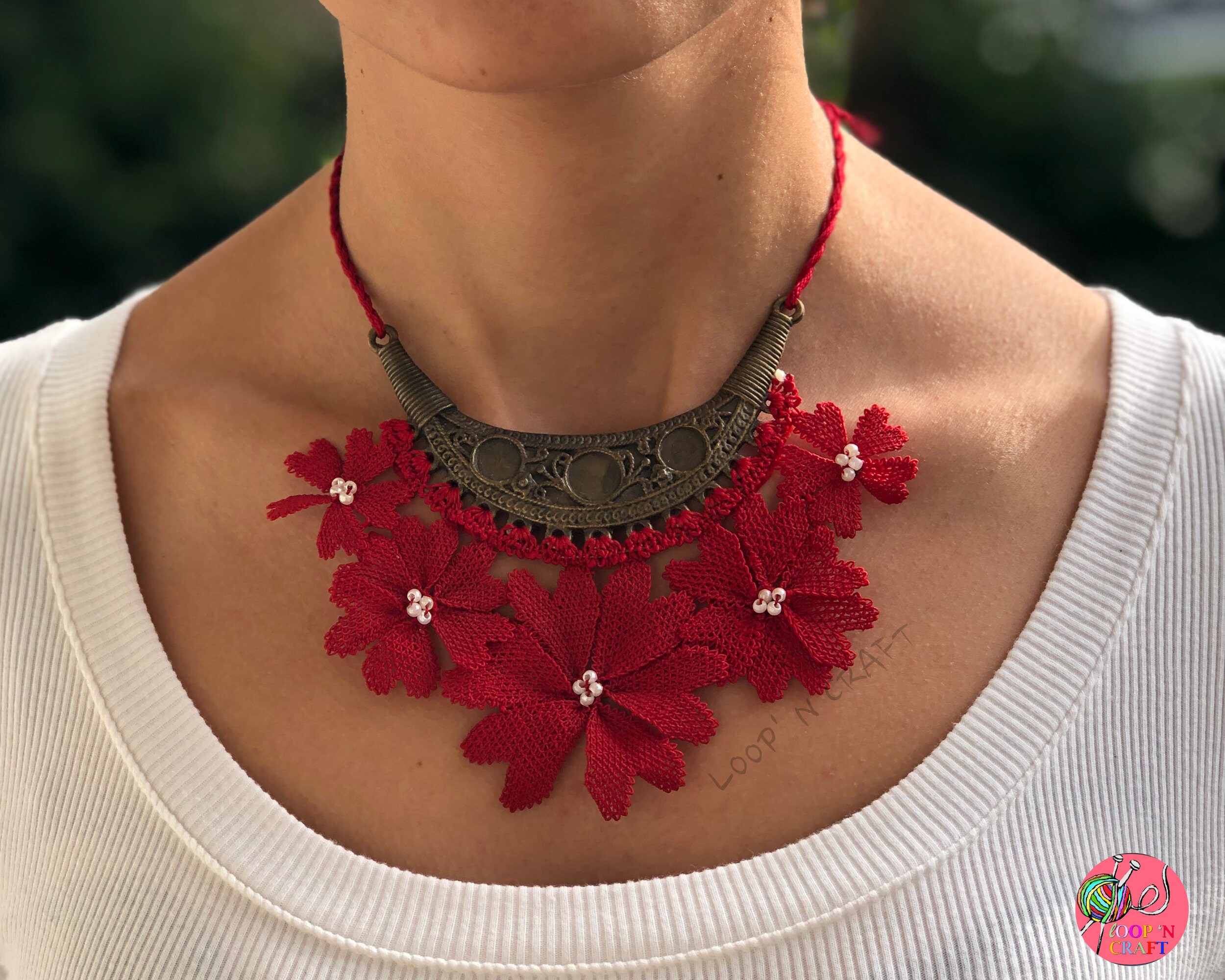 Red Flower Boho Beaded Oya Crochet Bib Necklace Adjustable | Etsy
