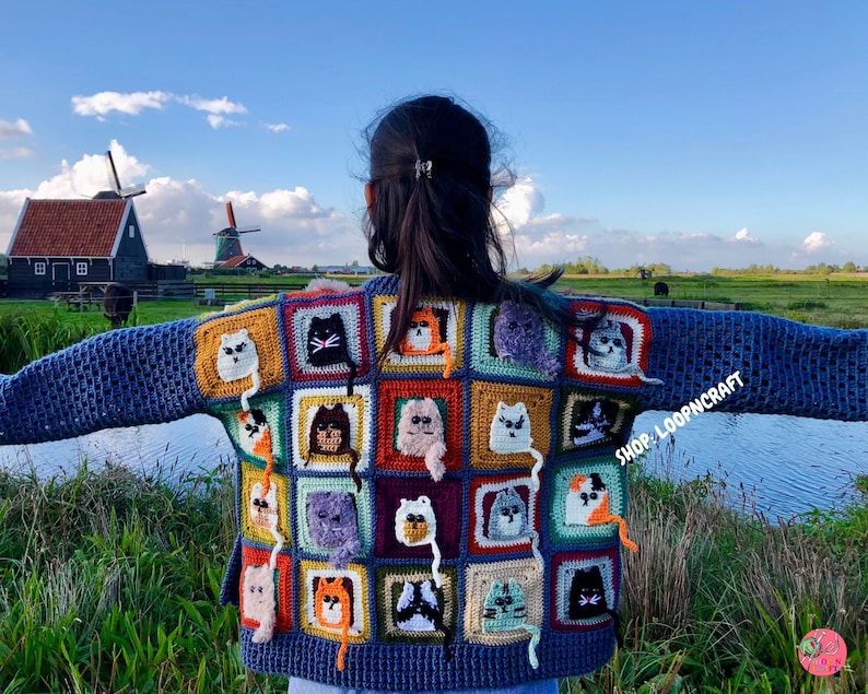 Cat Crochet Cropped Cardigan: Handmade Granny Square Knit Jacket - Etsy