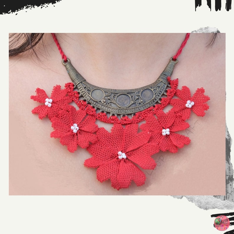 Red Flower Boho Beaded Oya Crochet Bib Necklace Adjustable - Etsy