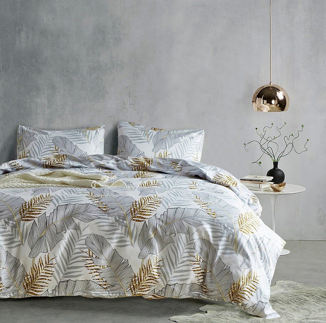 Botanical Duvet Cover Settropical Tree and Golden Leaves - Etsy