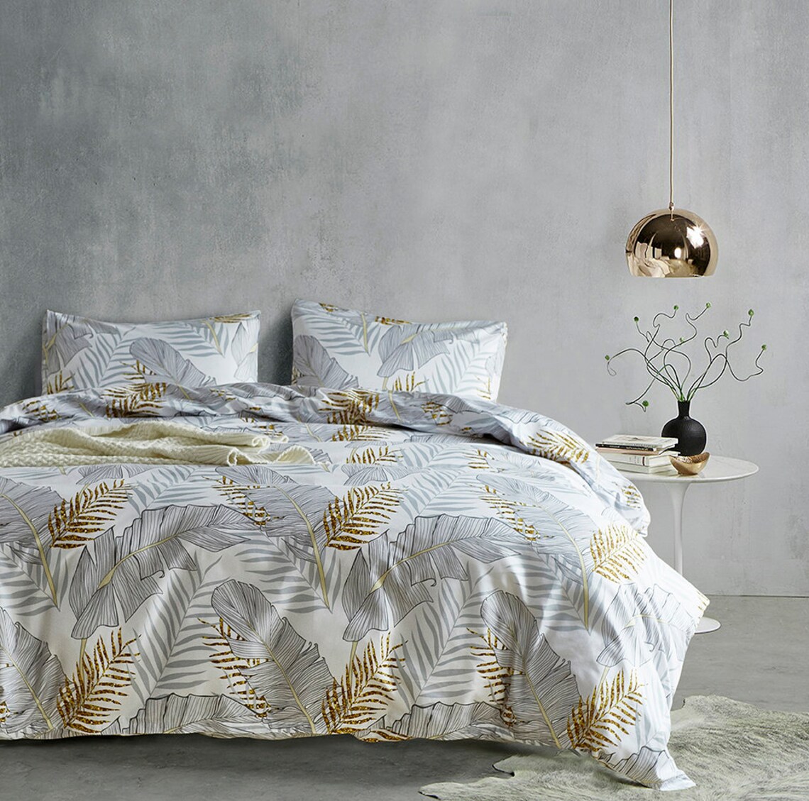 Botanical Duvet Cover Settropical Tree and Golden Leaves - Etsy
