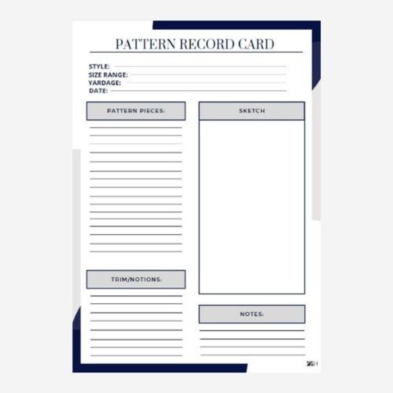 Pattern Record Card, Instant Download, PDF Printable, Record Card ...
