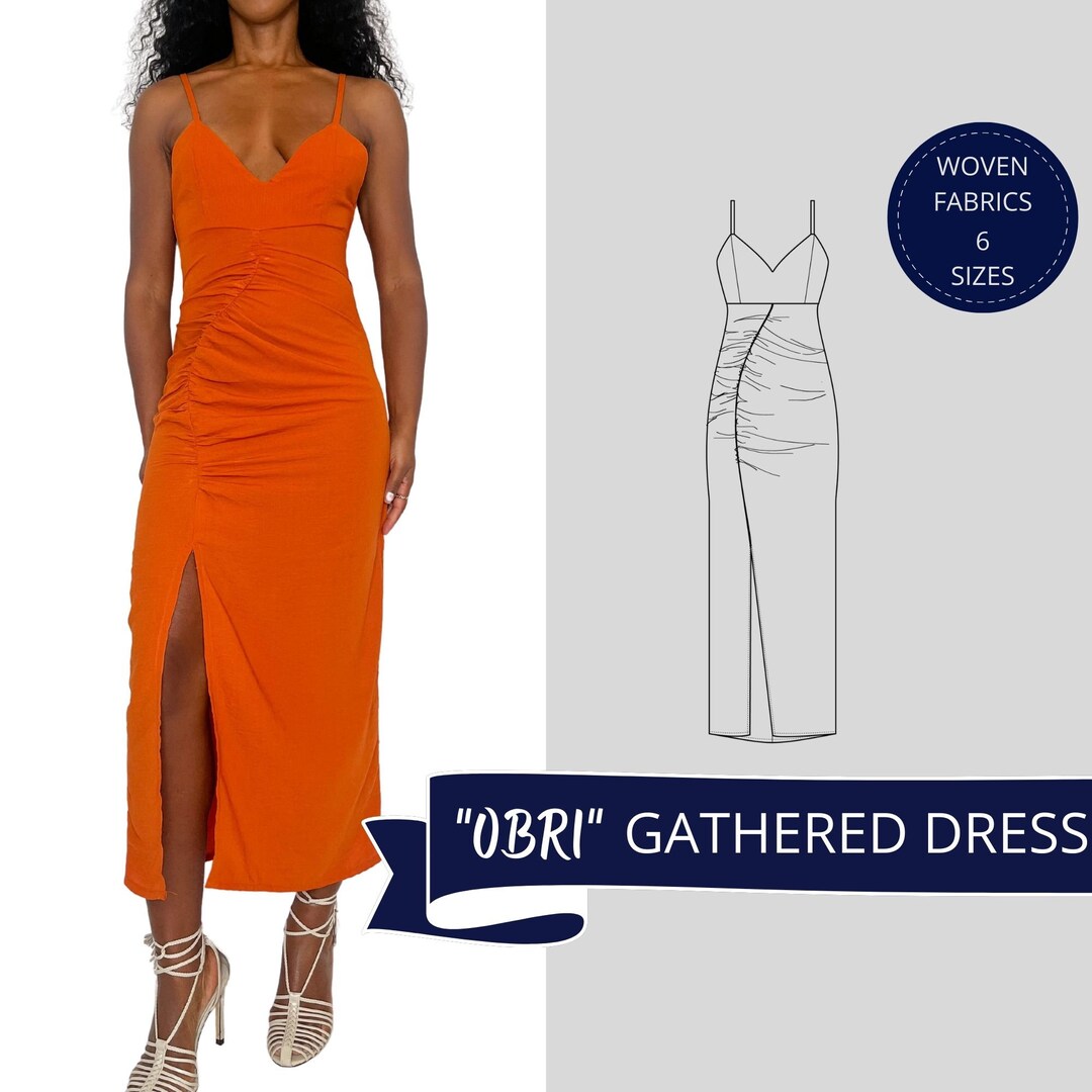 Gathered Midi Dress, Side Slit Dress, Digital Sewing Pattern ...