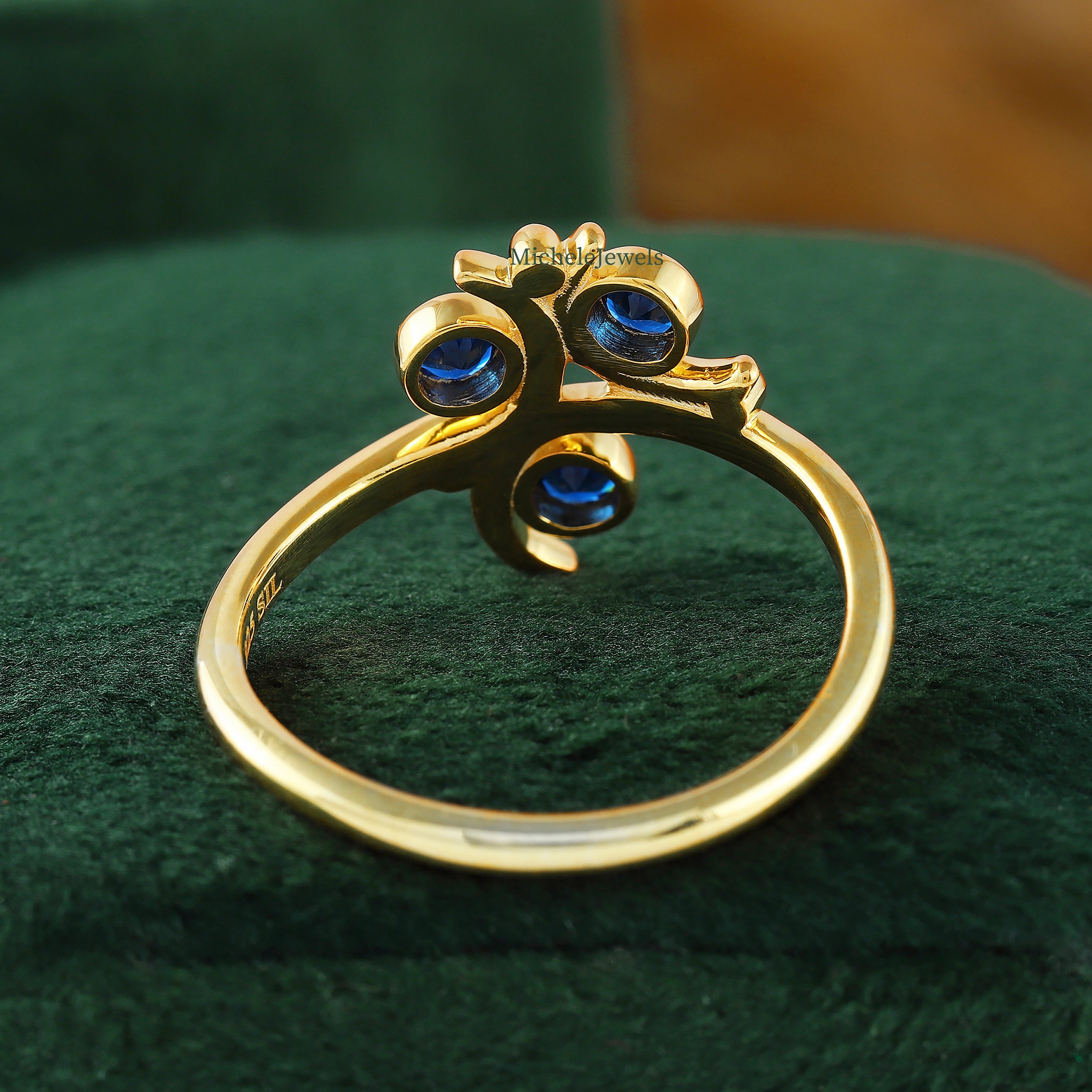 Zora Sapphire Engagement Ring in 14k Gold Ring, Three Stone Bezel Set ...