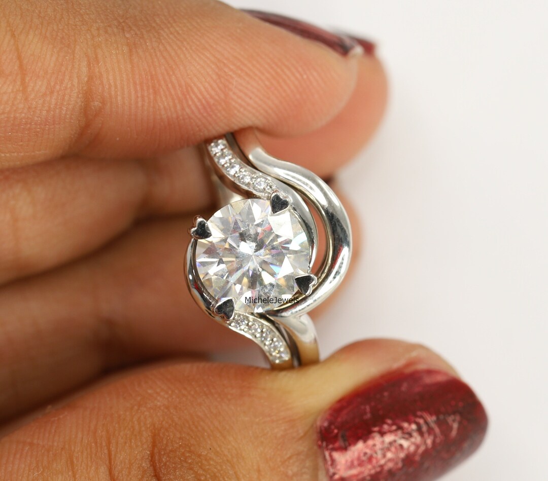 Round Bridal Ring Set, Swirl Bypass Ring, 1.25 CT Round Moissanite Ring ...