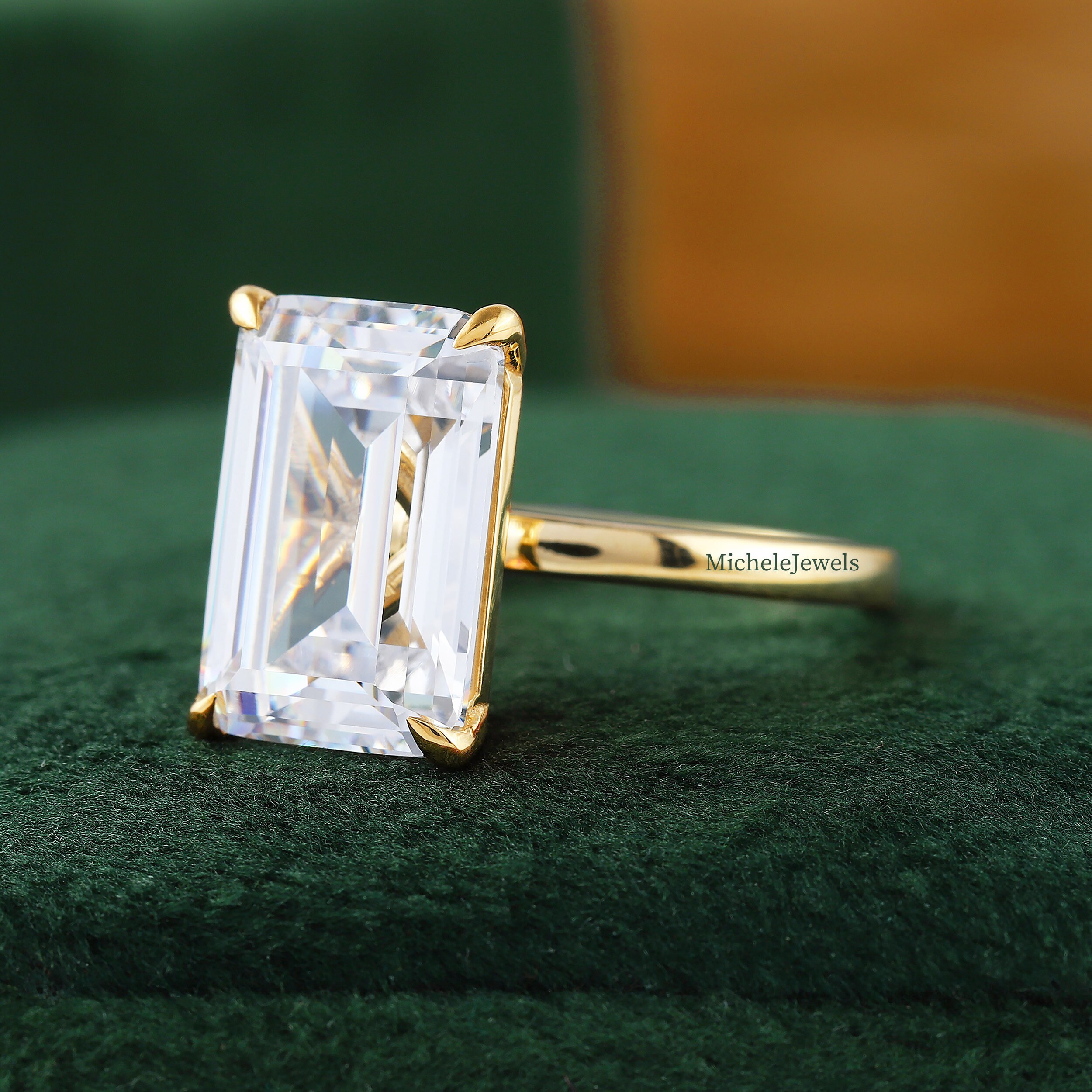 Classic Solitaire Ring, Emerald Cut Colorless Moissanite Engagement ...