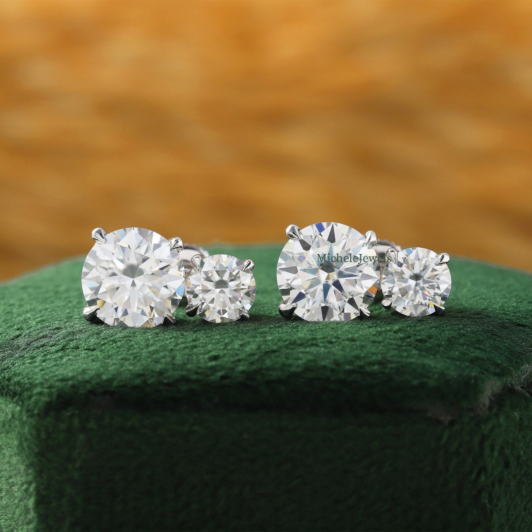 Double Diamond Stud Earrings, Two Stone Earring, Screw Back Earring ...