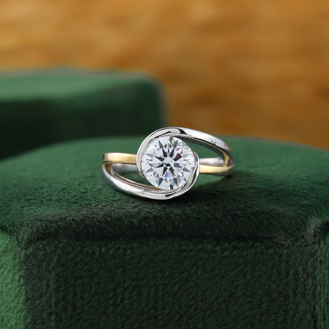 Two-tone Tension Set Swirl Ring, Half Bezel Set Moissanite Ring, Bypass ...