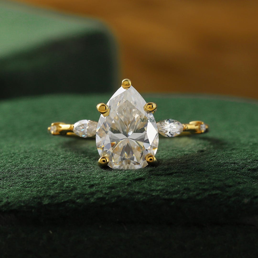 Thin Distance Teardrop Ring, Three Stone Wedding Ring, Pear & Marquise ...