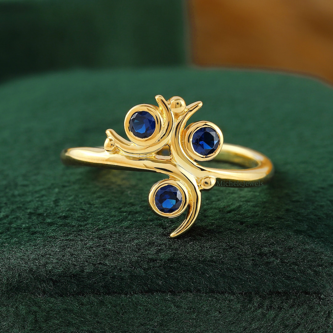 Zora Sapphire Engagement Ring in 14k Gold Ring, Three Stone Bezel Set ...