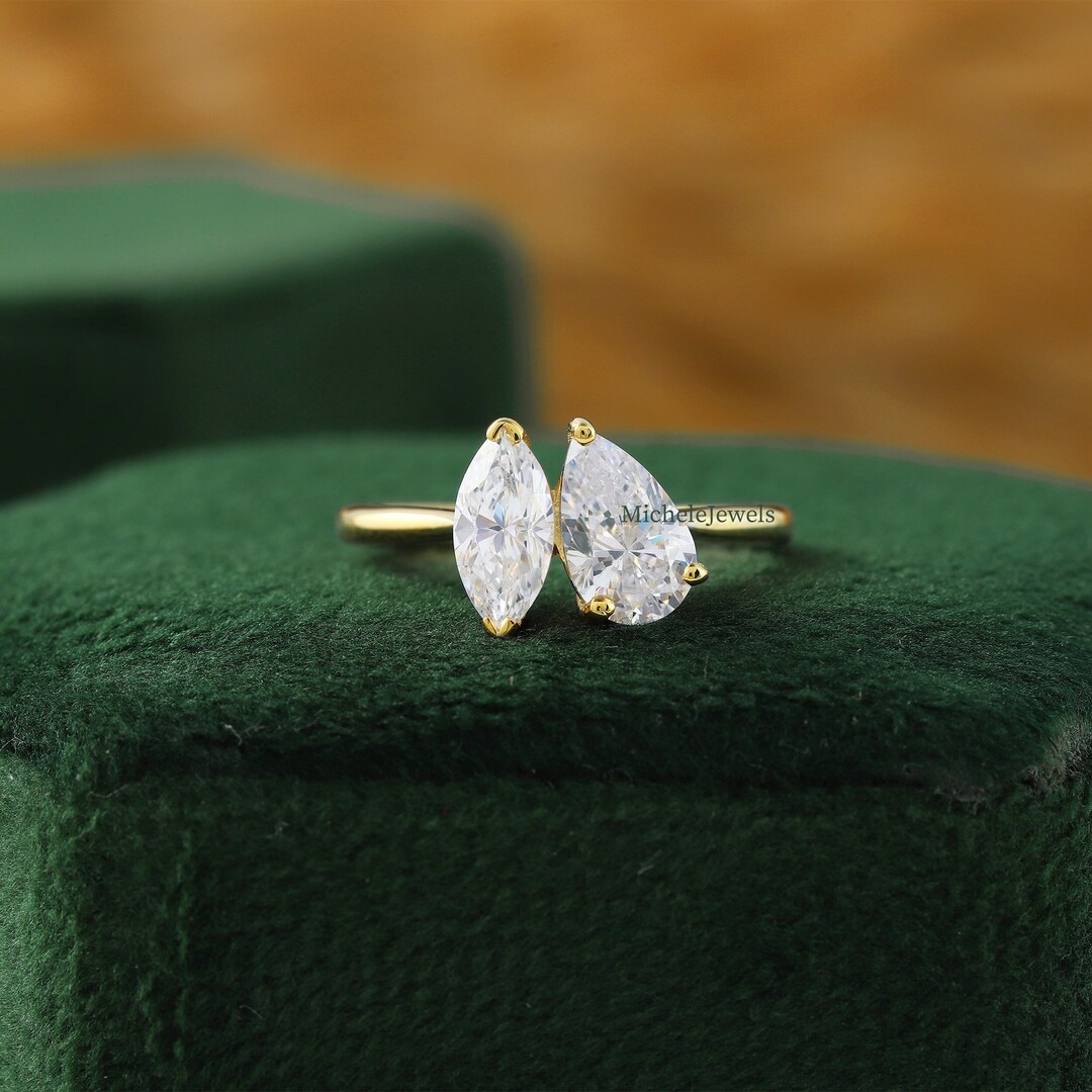 Toi Et Moi Ring, Double Stone Engagement Ring, Pear & Marquise Cut Engagement Ring, Two Stone ...