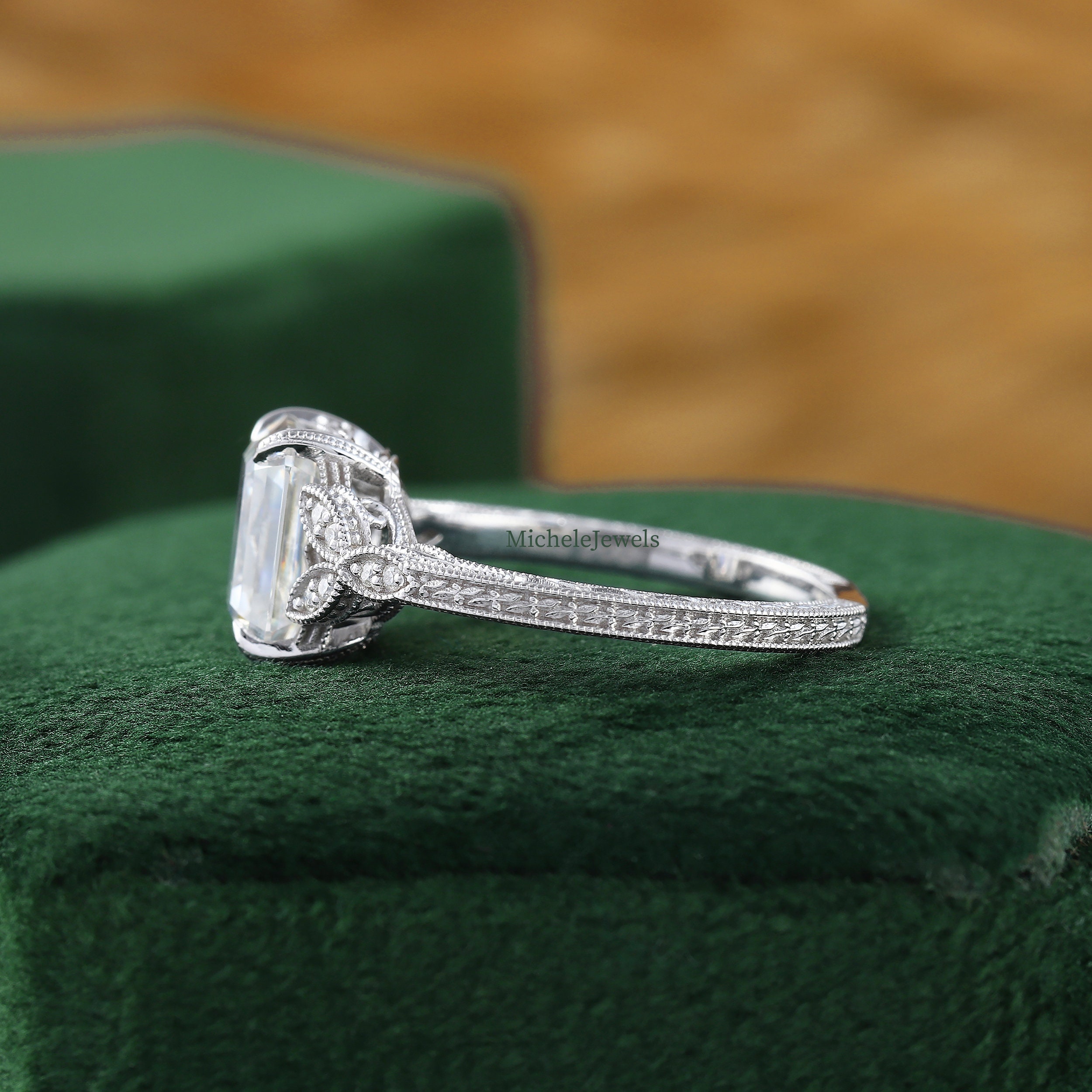 Emerald Cut Art Deco Ring Vintage Milgrain Ring Leaf - Etsy