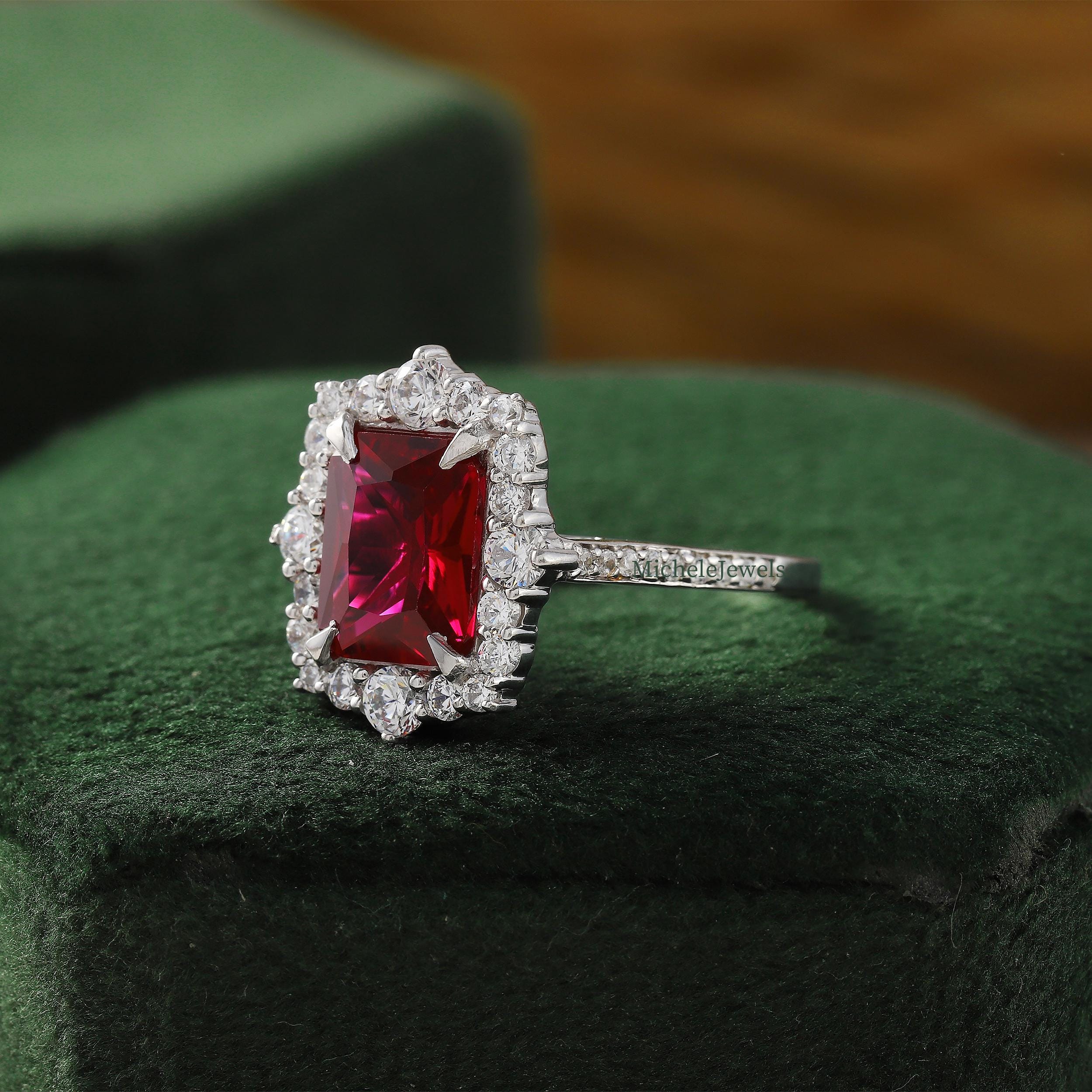 Emerald Red Ruby Gemstone Ring, Vintage Halo Ring, Emerald Halo Wedding ...
