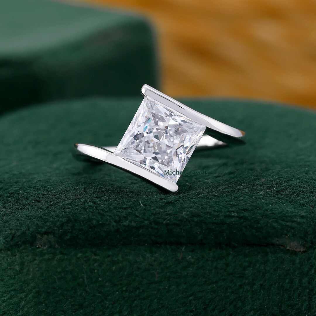 Tension Set Ring, Swirl Bypass Diamond Ring, 2 CT Princess Cut ...