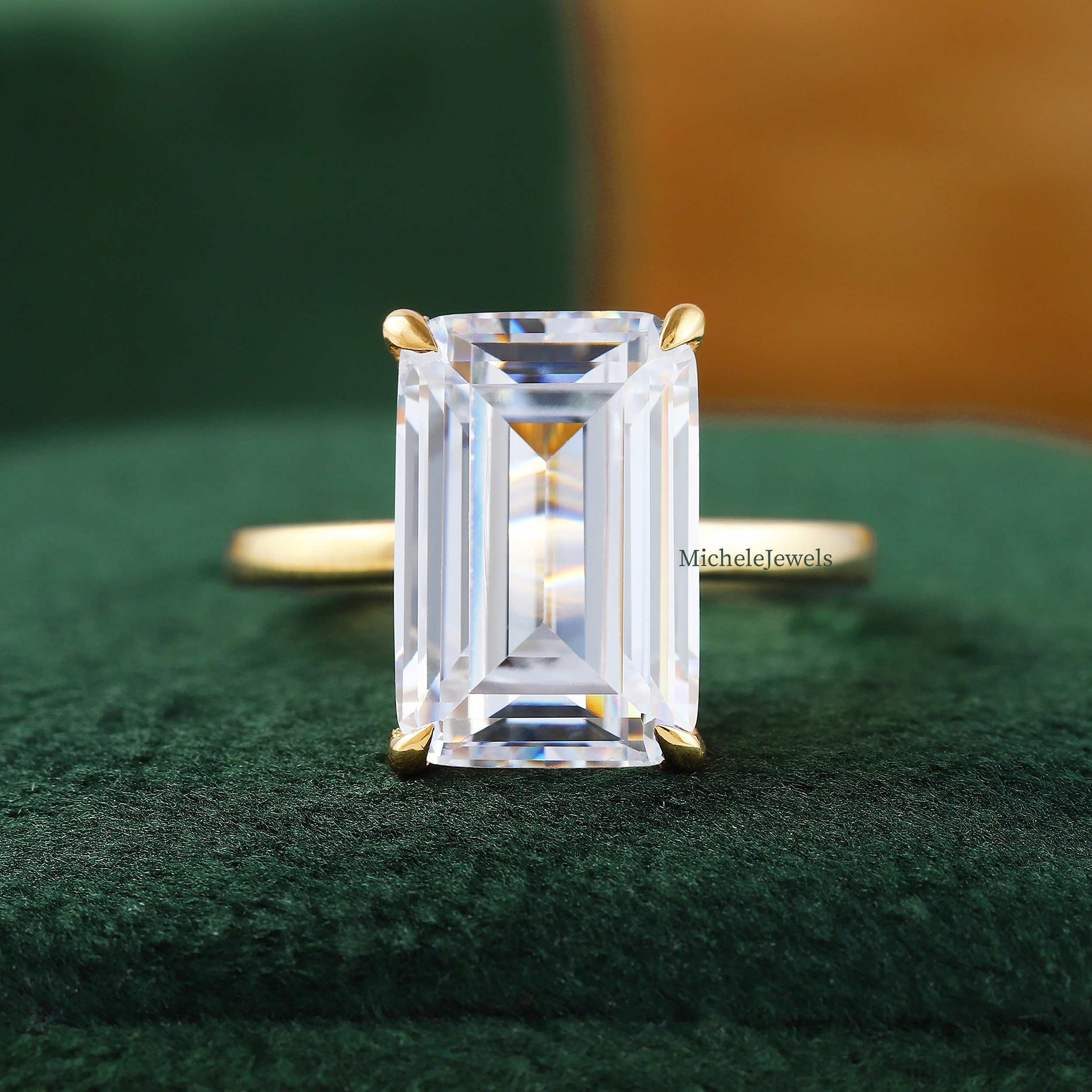 Classic Solitaire Ring, Emerald Cut Colorless Moissanite Engagement ...