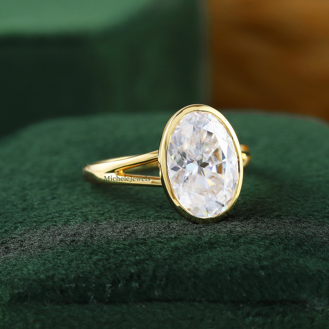 Oval Cut Moissanite Diamond Bezel Set Wedding Ring, 14K Yellow Gold ...