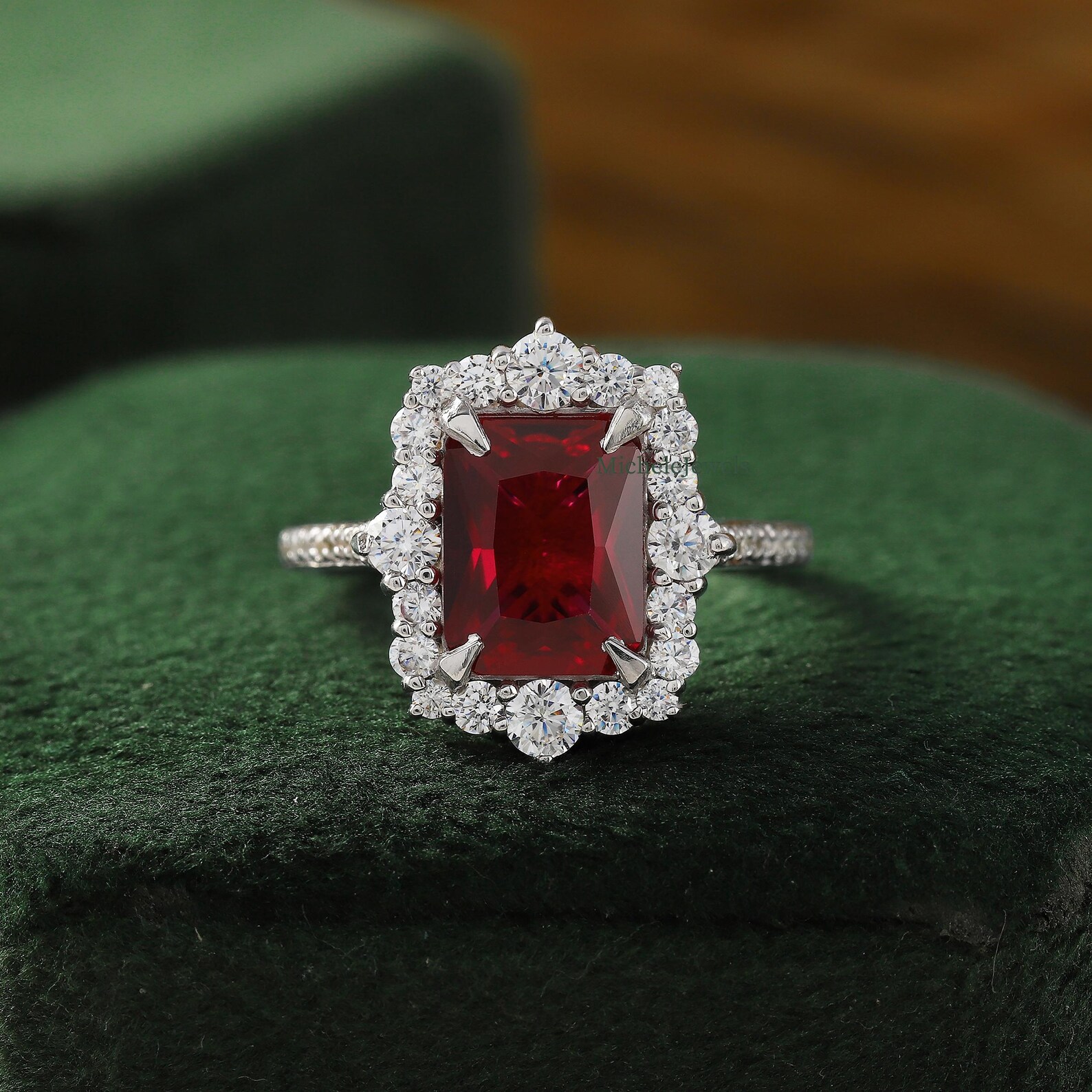Emerald Red Ruby Gemstone Ring, Vintage Halo Ring, Emerald Halo Wedding ...