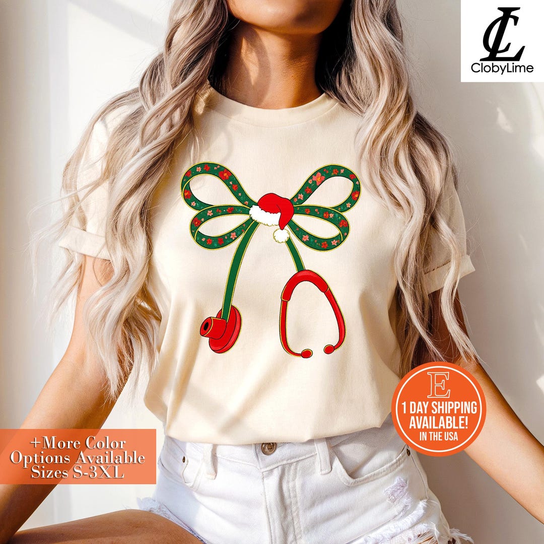 Candy Cane Stethoscope Tee – Nurse Christmas Bow Shirt for Festive ...