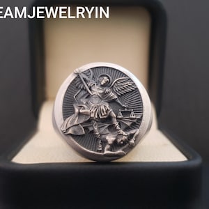 925 Sterling Silver Saint Michael Signet Ring, St Michael the Archangel ...