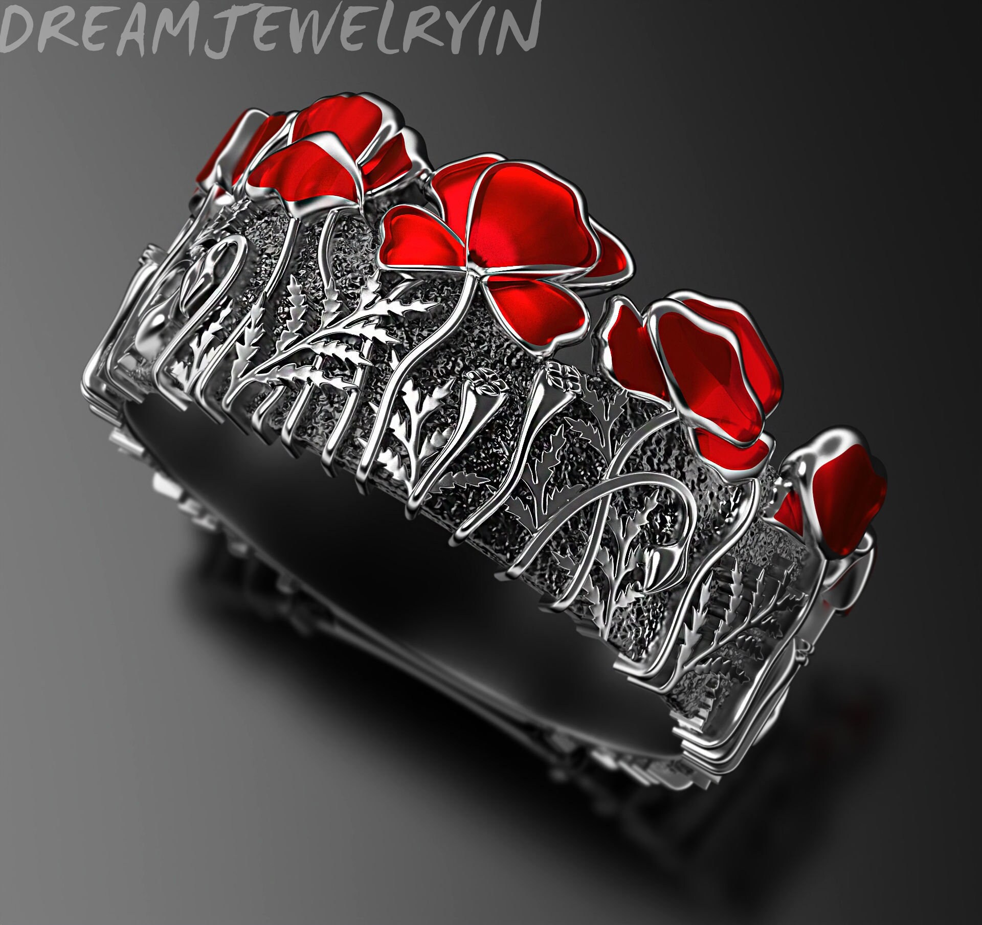Sterling Silver Red Poppy Enamel Ring: Floral Blossom Jewelry - Etsy
