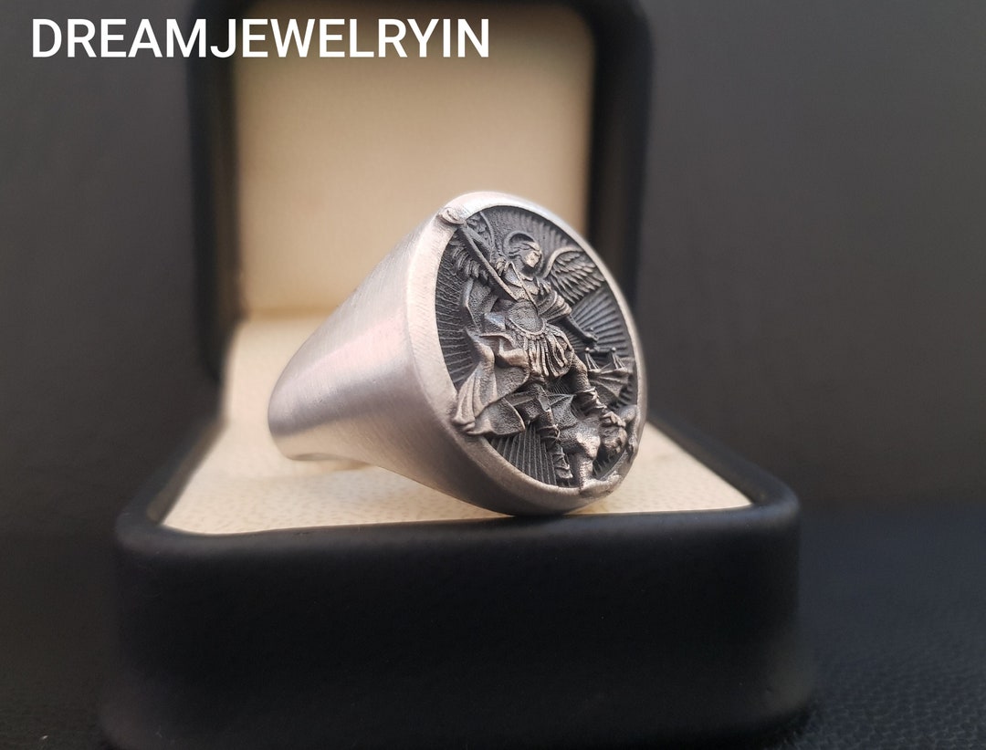 925 Sterling Silver Saint Michael Signet Ring, St Michael the Archangel ...