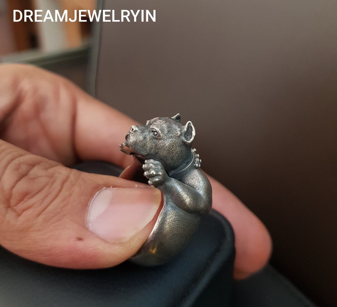 Pitbull Dog Ring With Diamond Neck Belt - Sterling Silver 925 - Pet ...