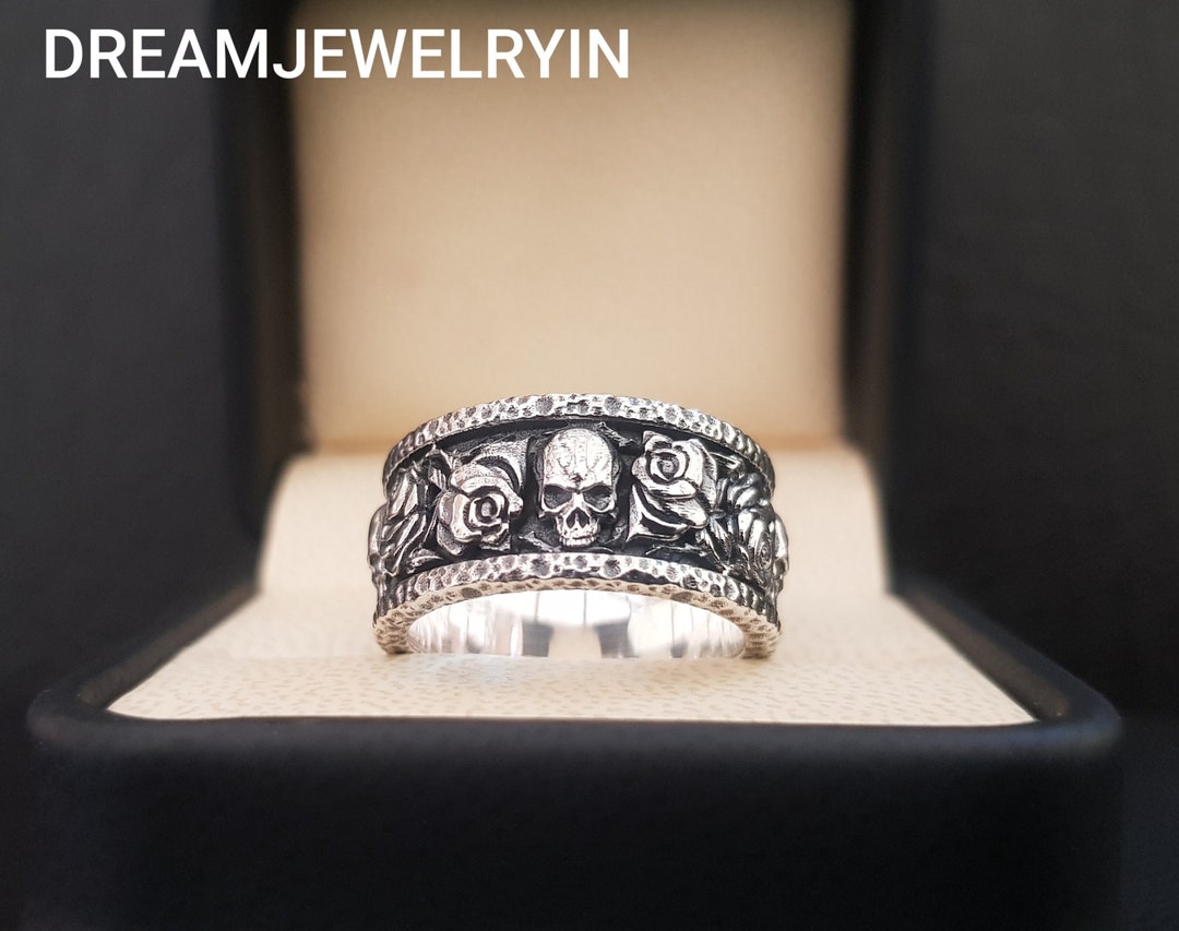 925 Silver Skull Rose Ring, Skull Wedding Ring, Flower Skull Band, Men ...