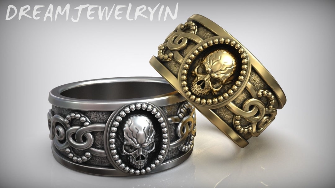 Skull Ring, Skull Rose Ring, Skull Wedding Ring, Flower Skull Band, Men ...