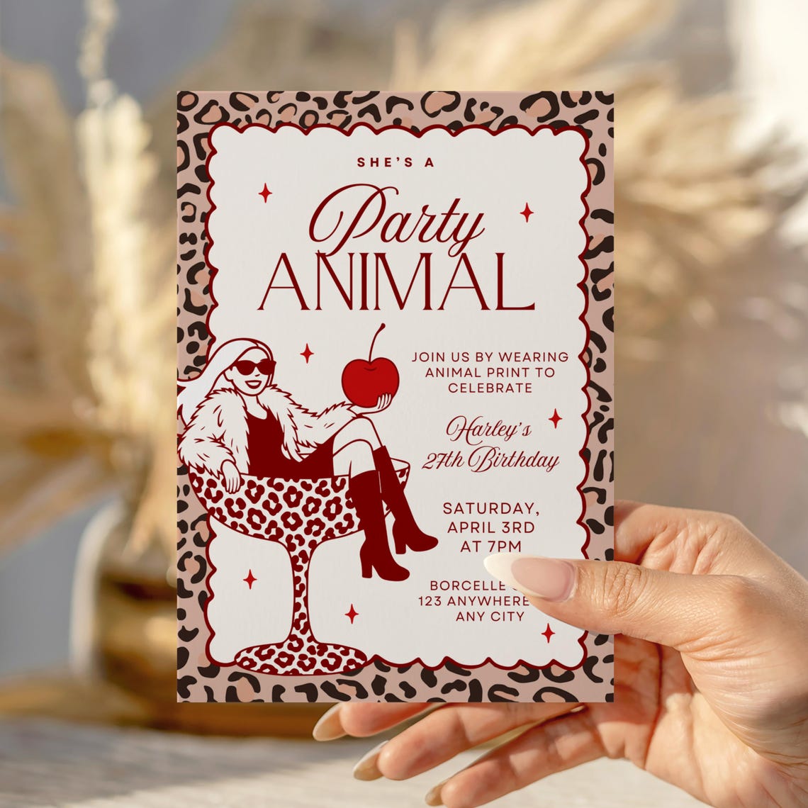 Cheetah Cherry Leopard Print Invitation, Party Animal Invitation Red ...