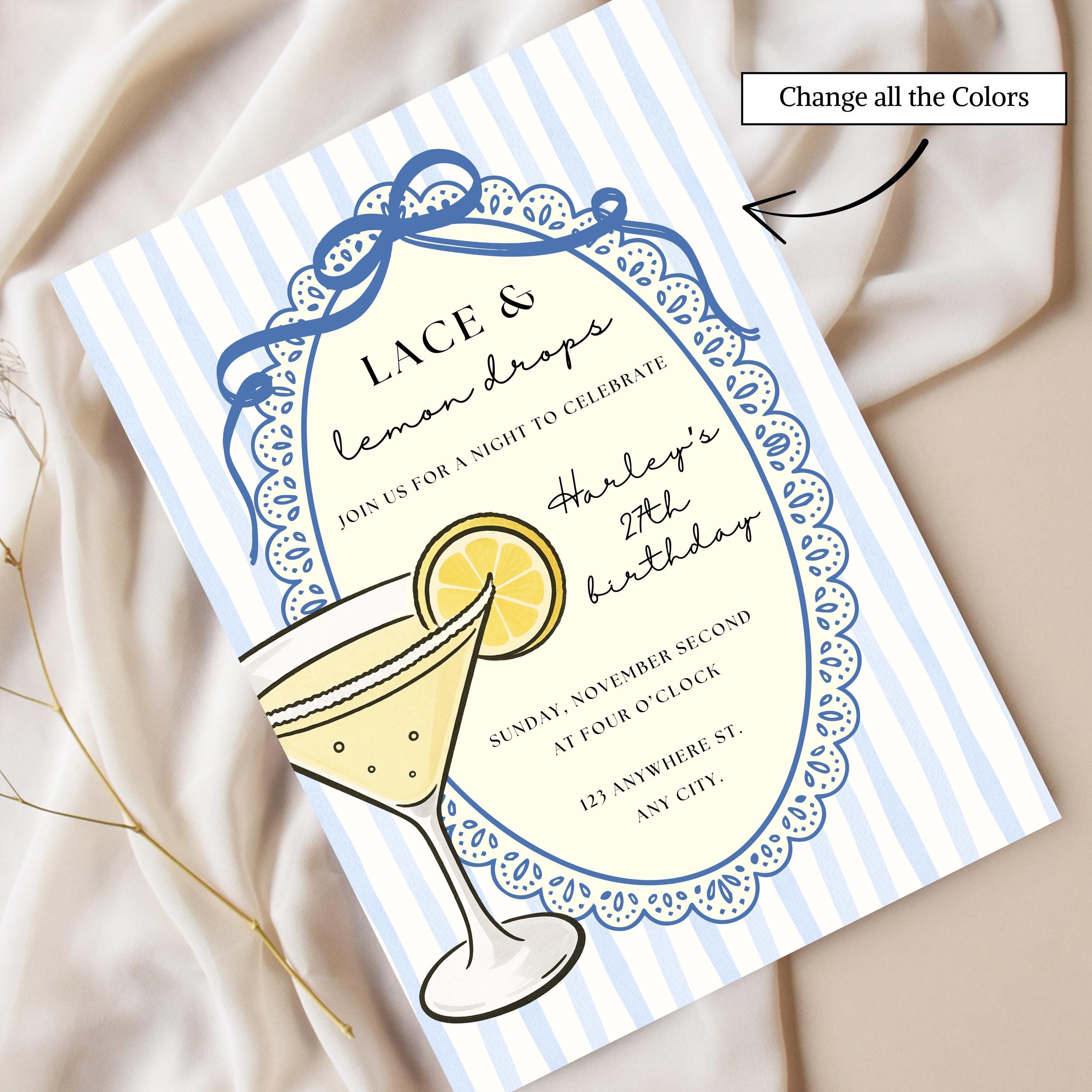 Lemon Drop Martini Birthday Invitation: Editable Template (digital ...