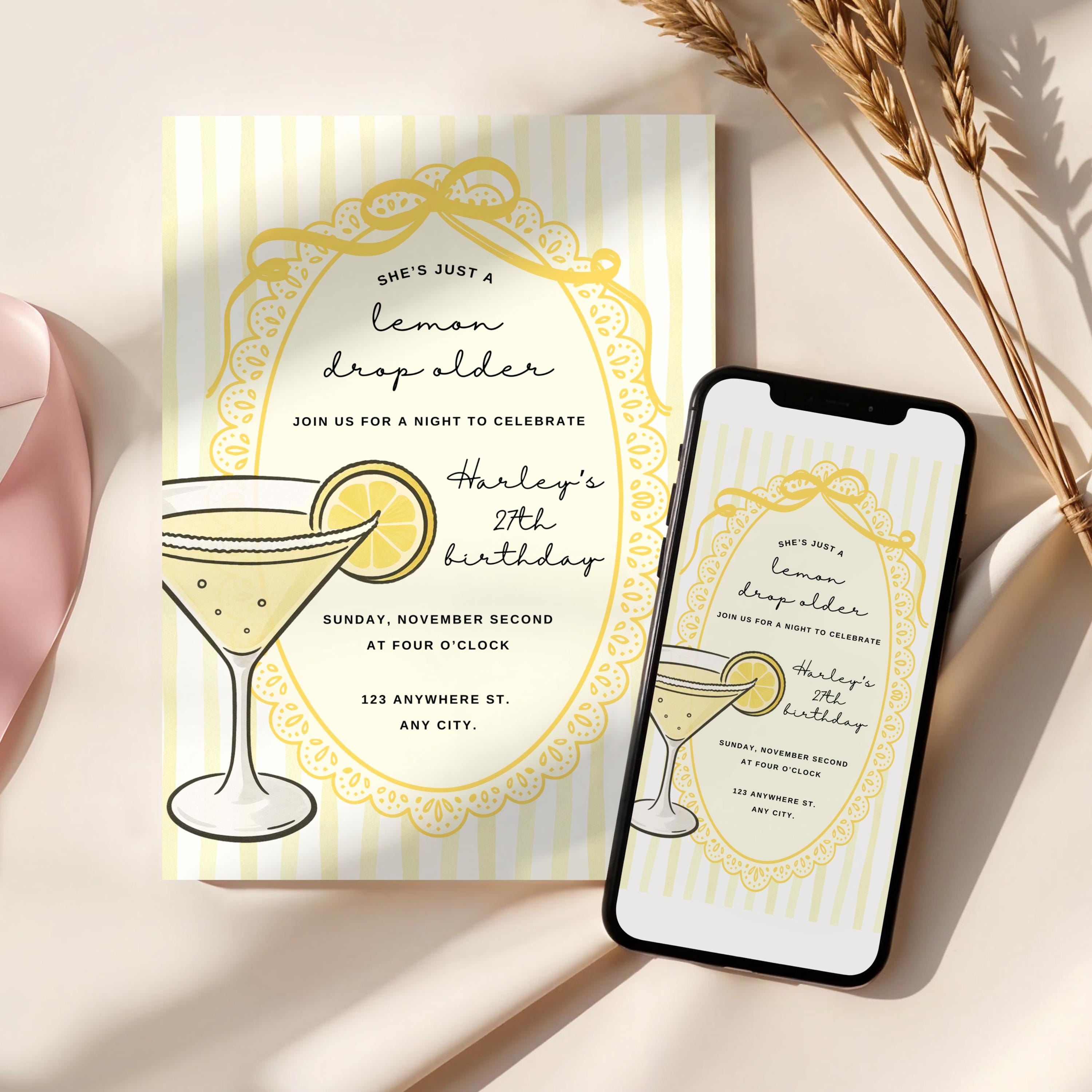 Lemon Drop Martini Birthday Invitation: Editable Template (digital ...