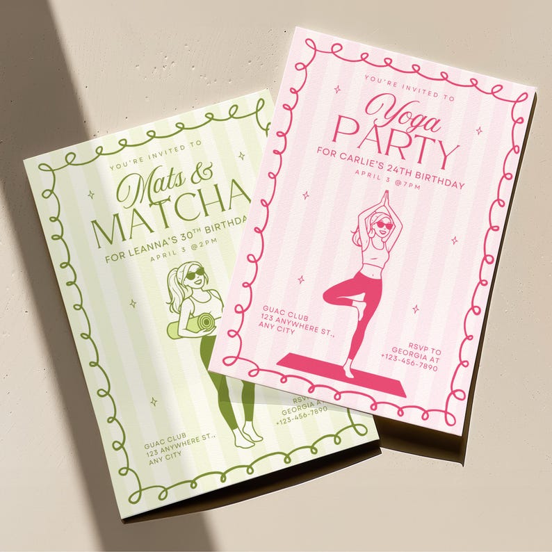 Yoga Party Invitation, Editable Yoga Birthday Invite, Mats and Matcha ...