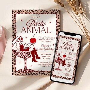 Cheetah Cherry Leopard Print Invitation, Party Animal Invitation Red ...