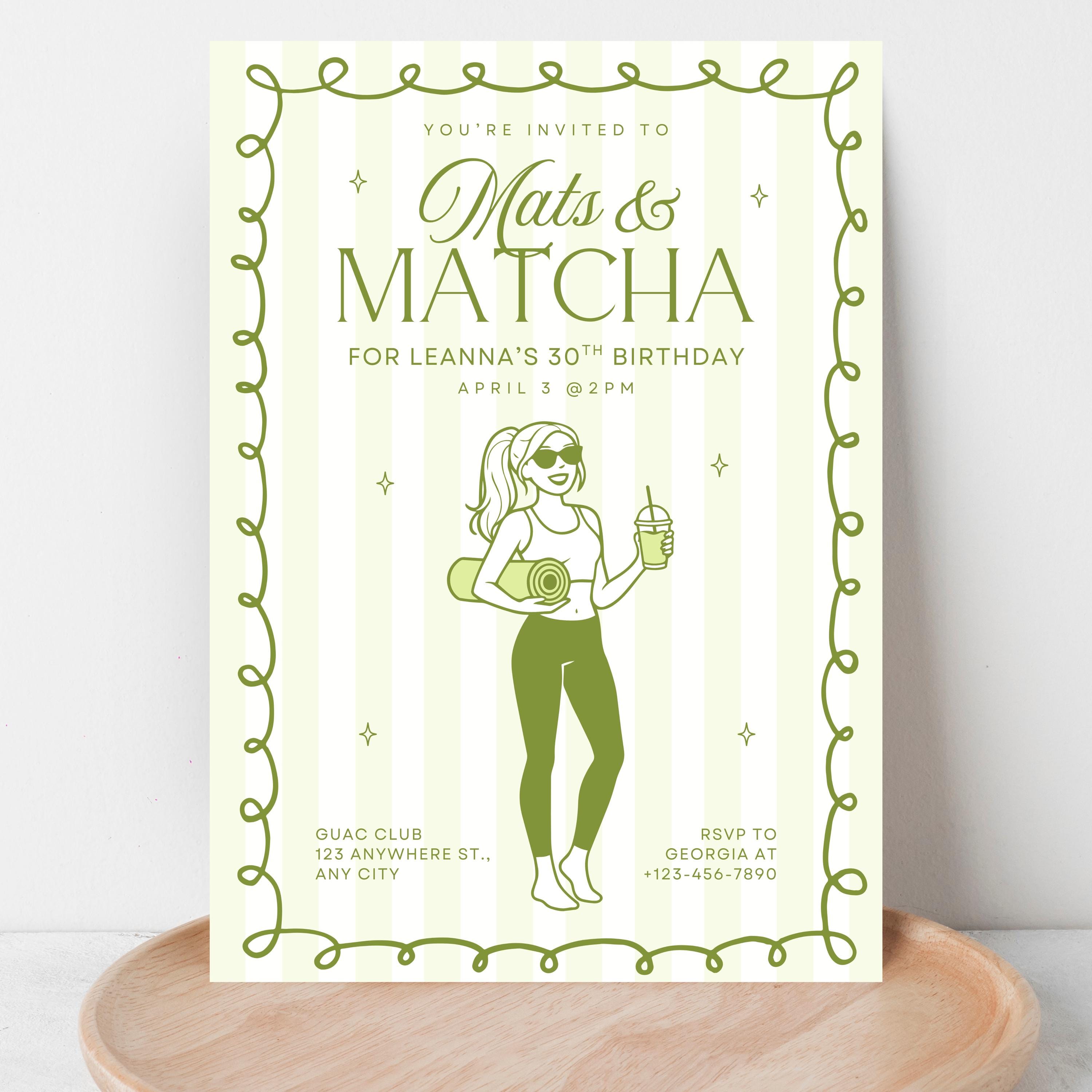 Yoga Party Invitation, Editable Yoga Birthday Invite, Mats and Matcha ...