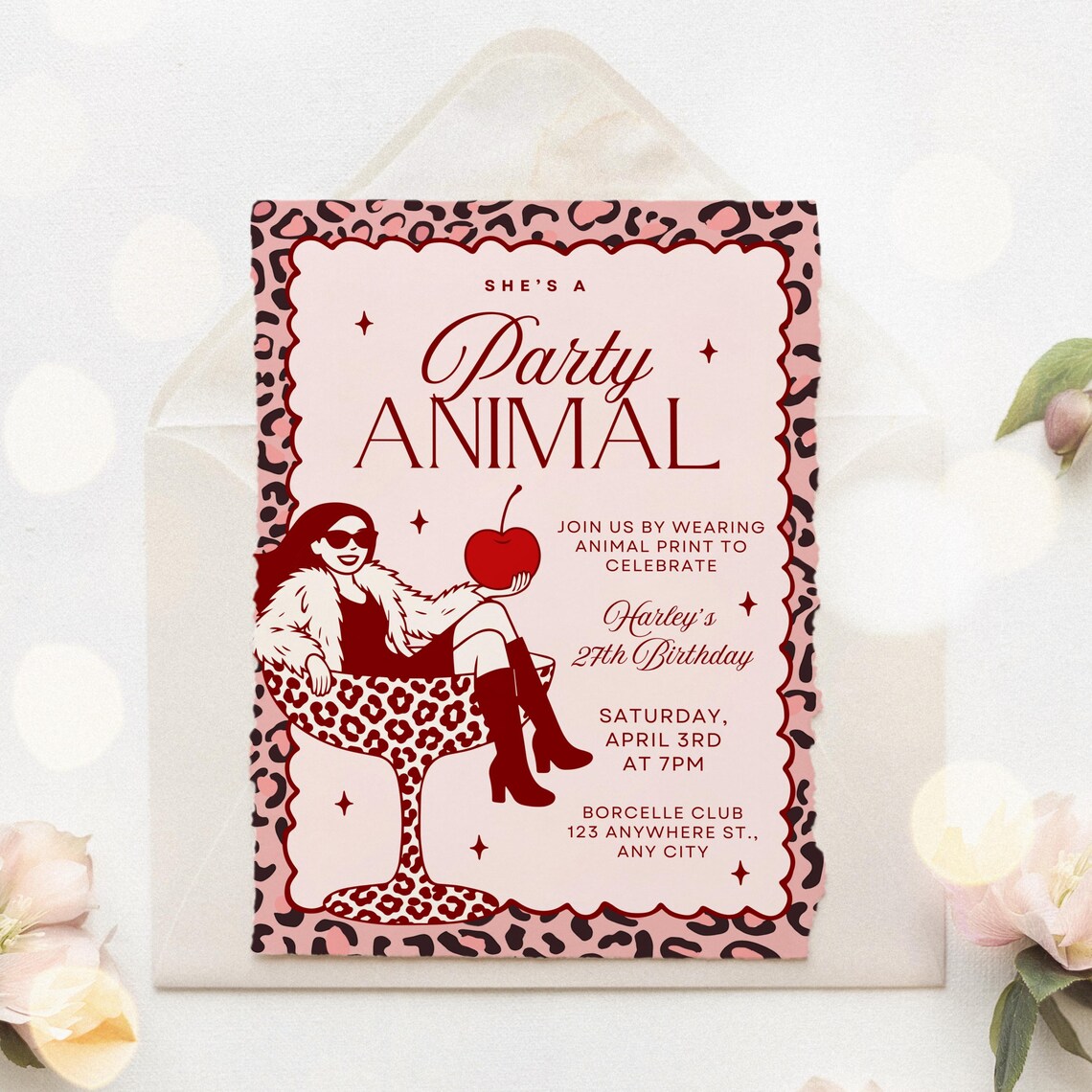 Cheetah Cherry Leopard Print Invitation, Party Animal Invitation Red ...
