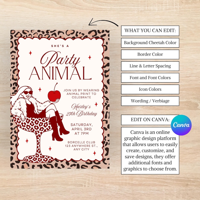 Cheetah Cherry Leopard Print Invitation, Party Animal Invitation Red ...
