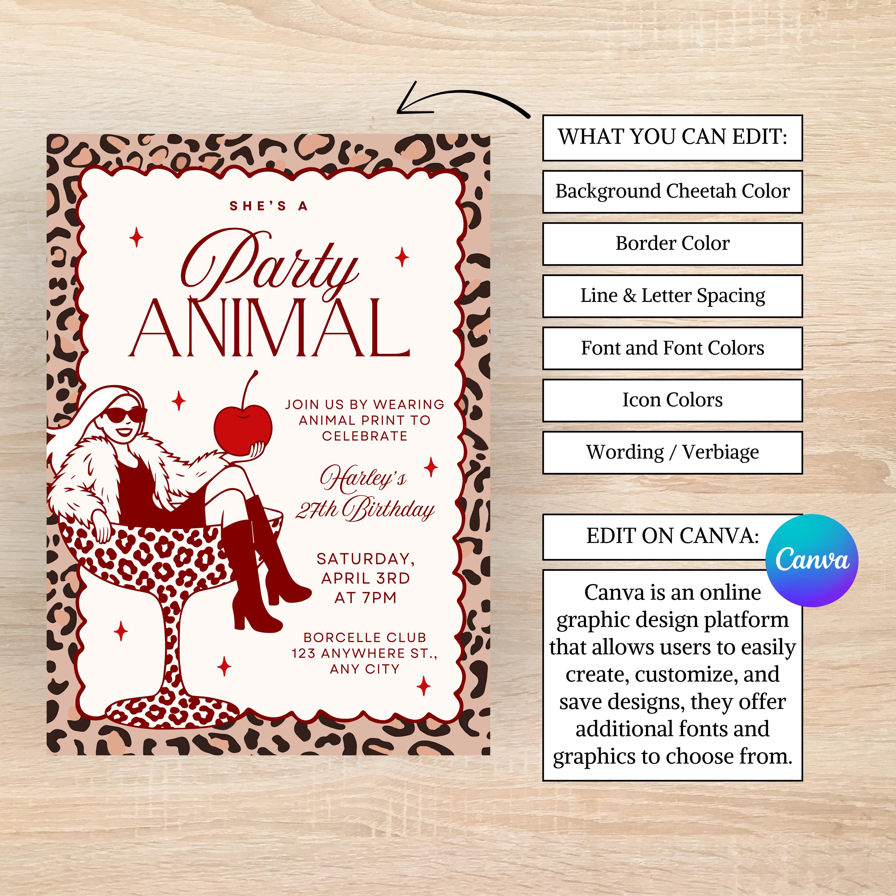 Cheetah Cherry Leopard Print Invitation, Party Animal Invitation Red ...