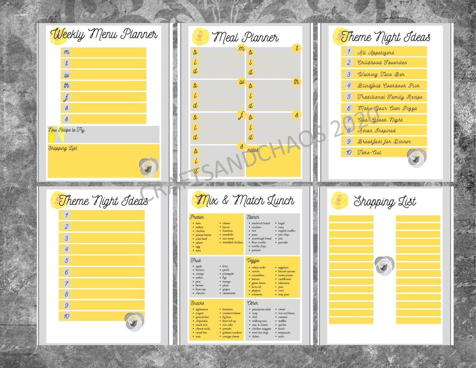 Printable Menu Planner, Yellow/grey Theme Menu Planner, Instant ...