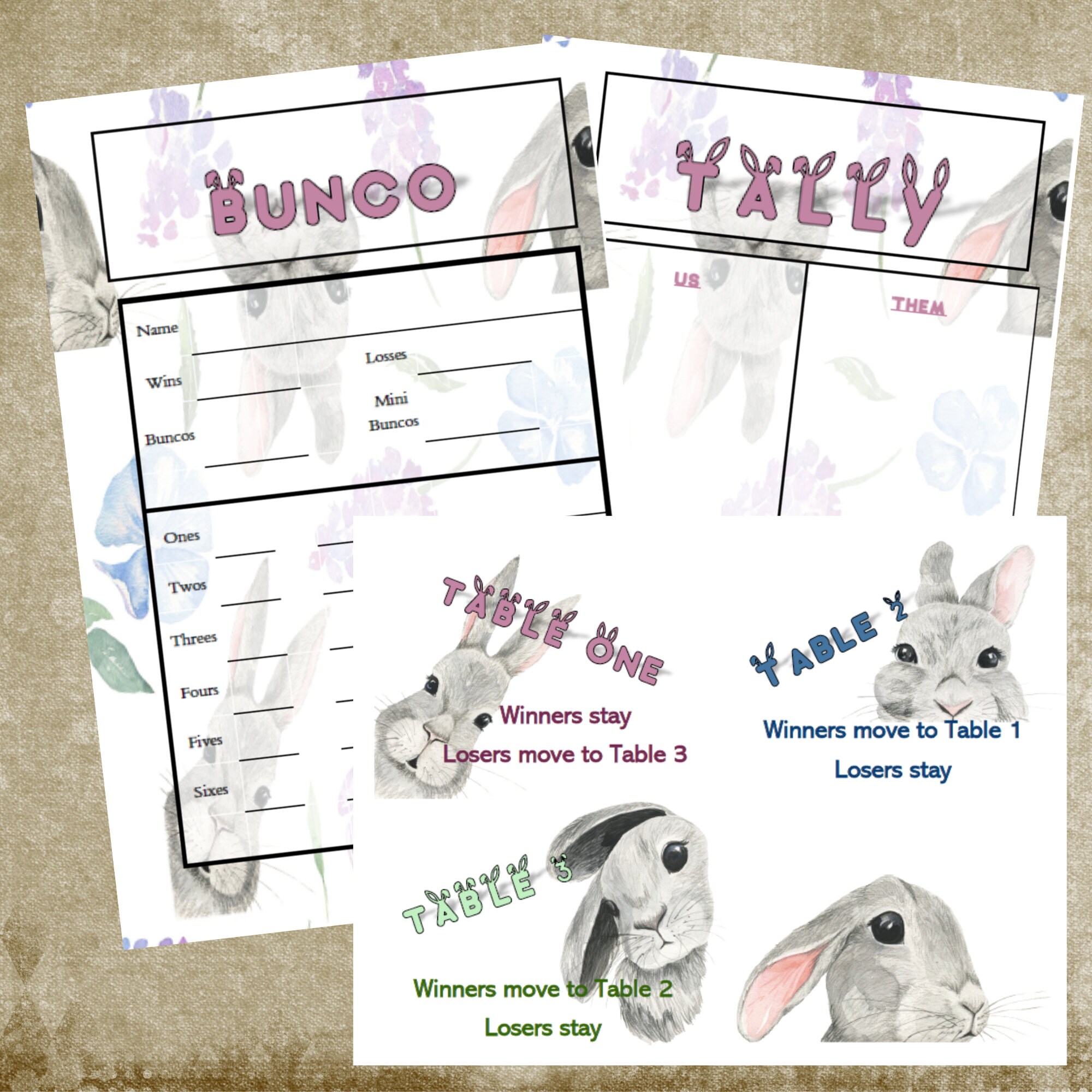 Printable Bunco Bunny Set, Bunco Scorecard, Tally Sheet, Table Cards ...