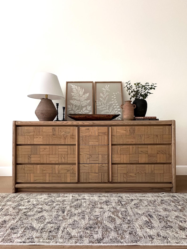 SOLD — Vintage Lane MCM Neutral Tan Washed Checkered 9-drawer Dresser ...