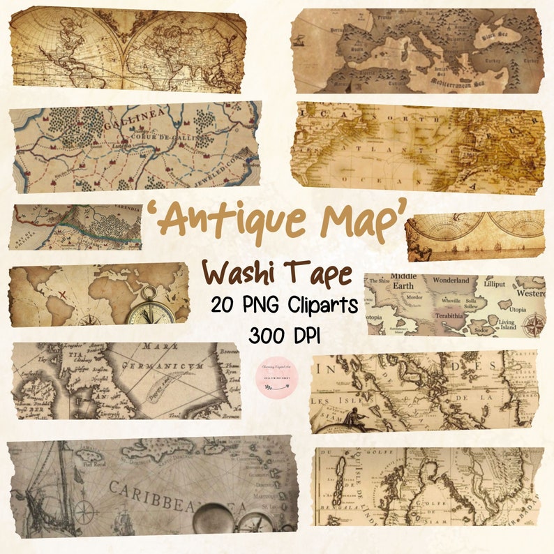 Antique Map Theme Clipart Washi Tape Digital Sticker PNG - Etsy