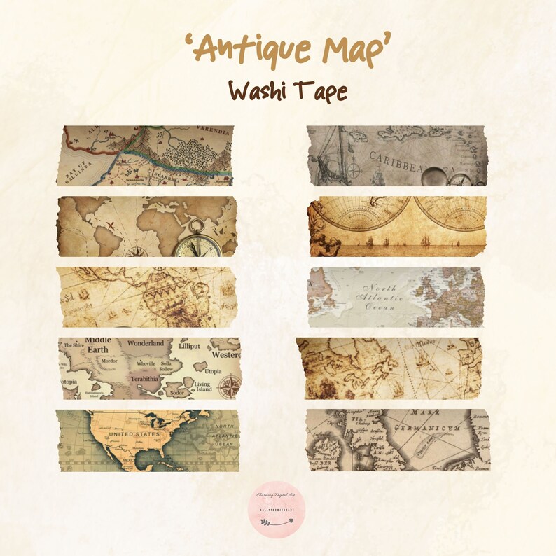 Antique Map Theme Clipart Washi Tape Digital Sticker PNG - Etsy