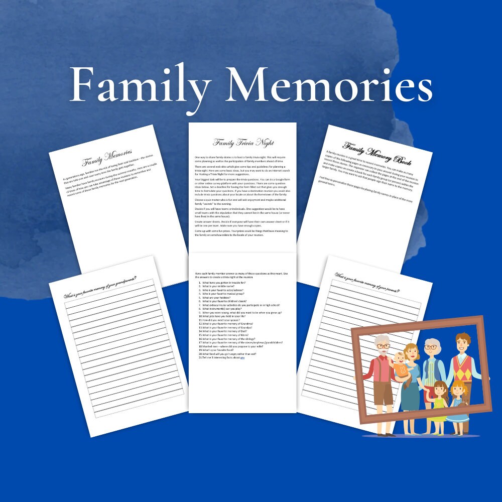Family Reunion Memorable Activities Family Trivia Game Memory Journal ...